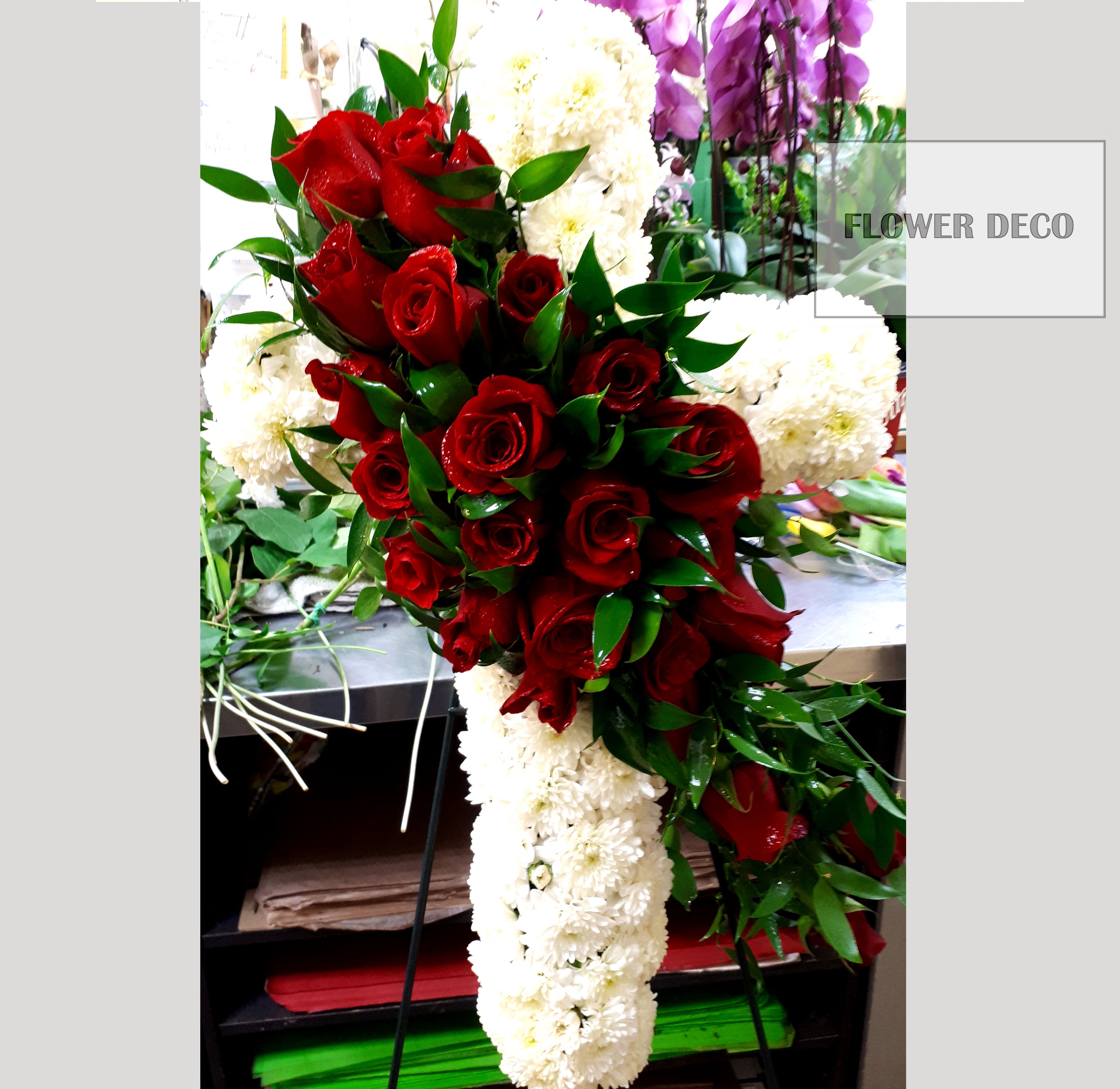 Standing Spray -Red Rose Accent Cross – Flower Deco
