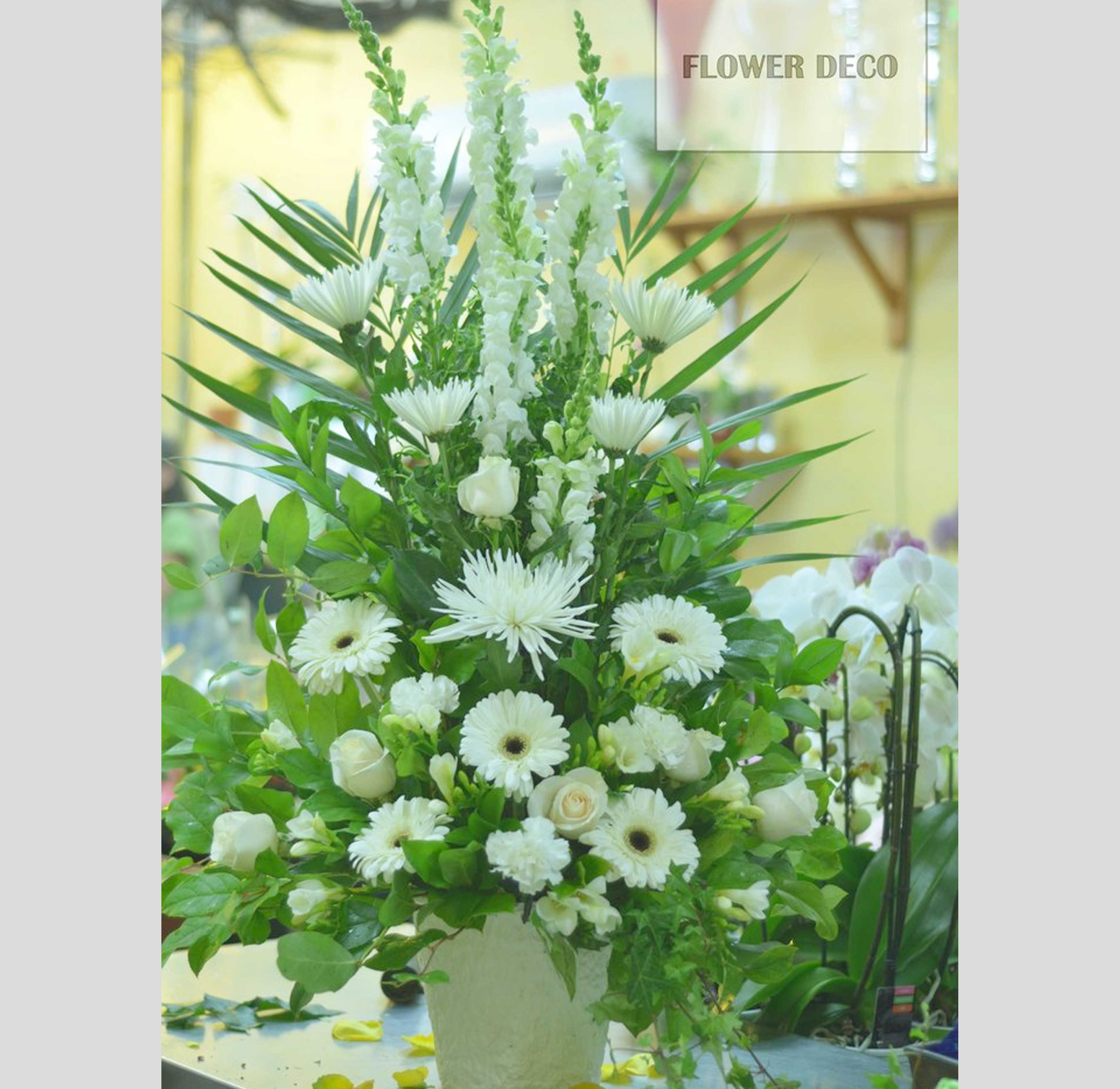 All White Funeral Arrangement – Flower Deco